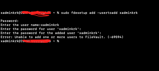 Adding user to filevalut CMD (-69594) - Apple Community