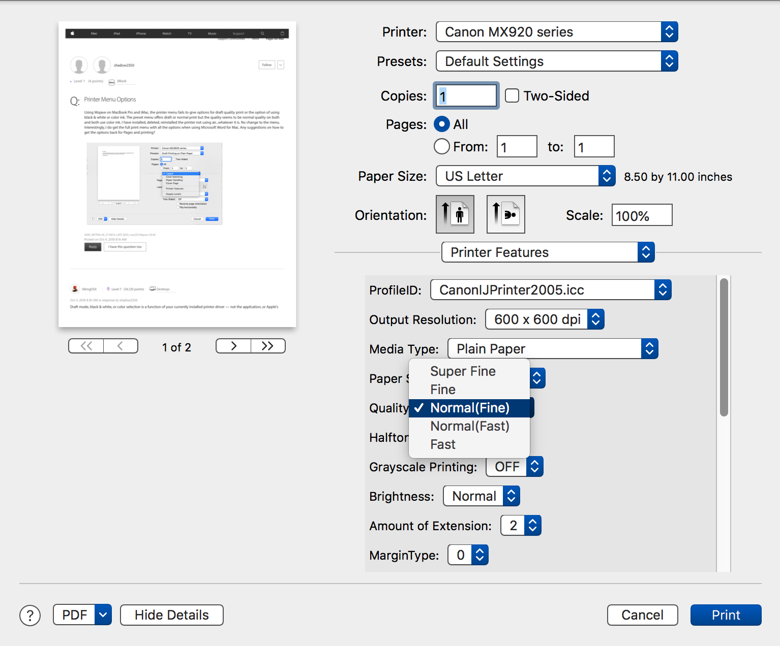 Printer Menu Options - Apple Community