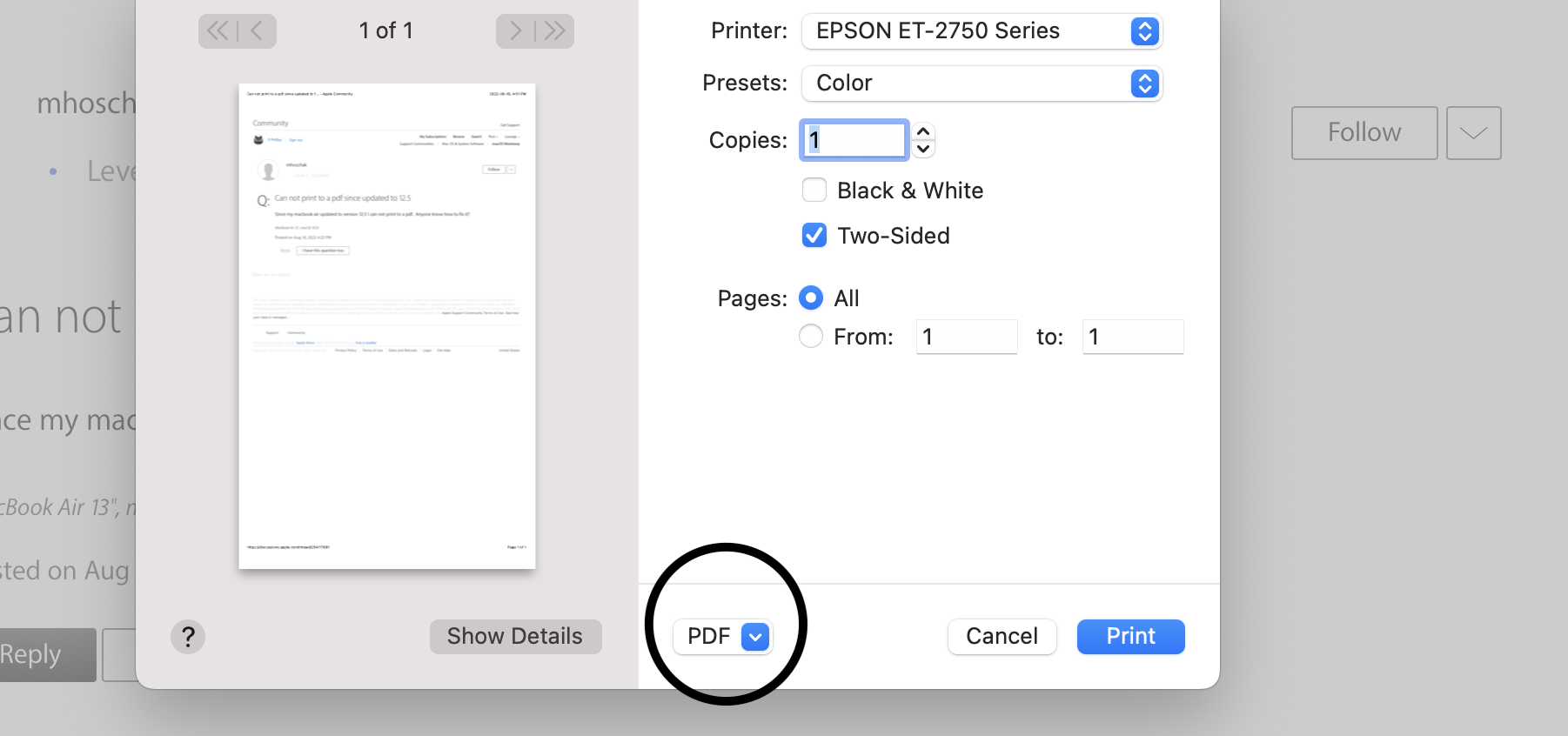Can not print to a pdf since updated to 1… - Apple Community