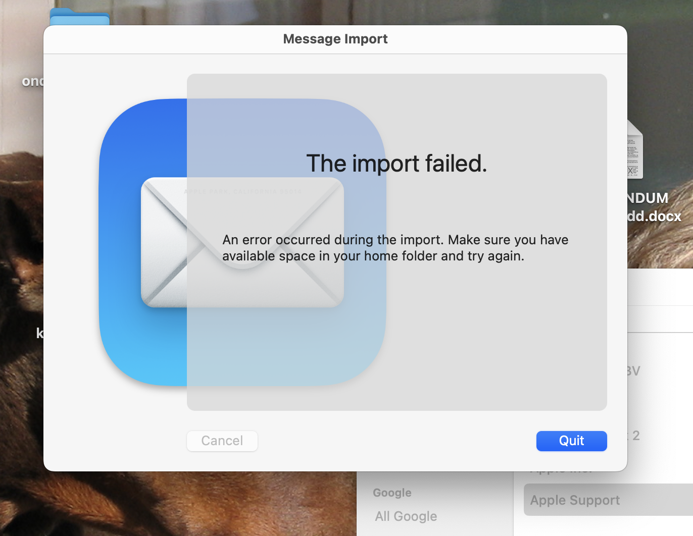 Error during message import: Insufficient… - Apple Community