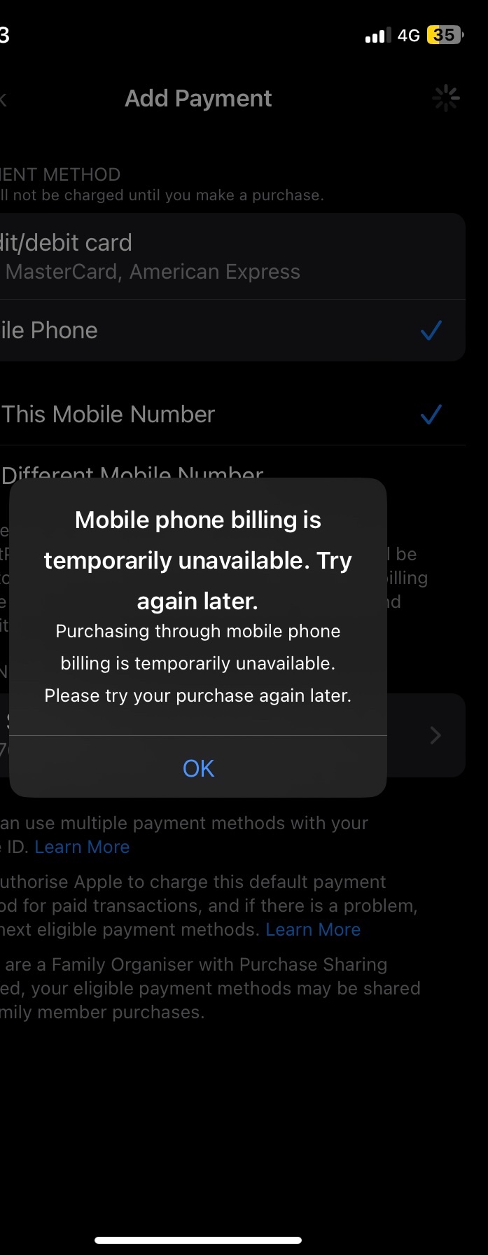 Mobile phone billing is temporarily unava… - Apple Community
