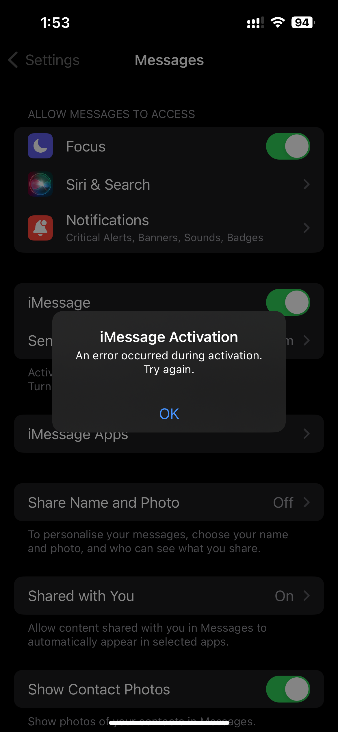 Imesage failed to activate with my phone … - Apple Community