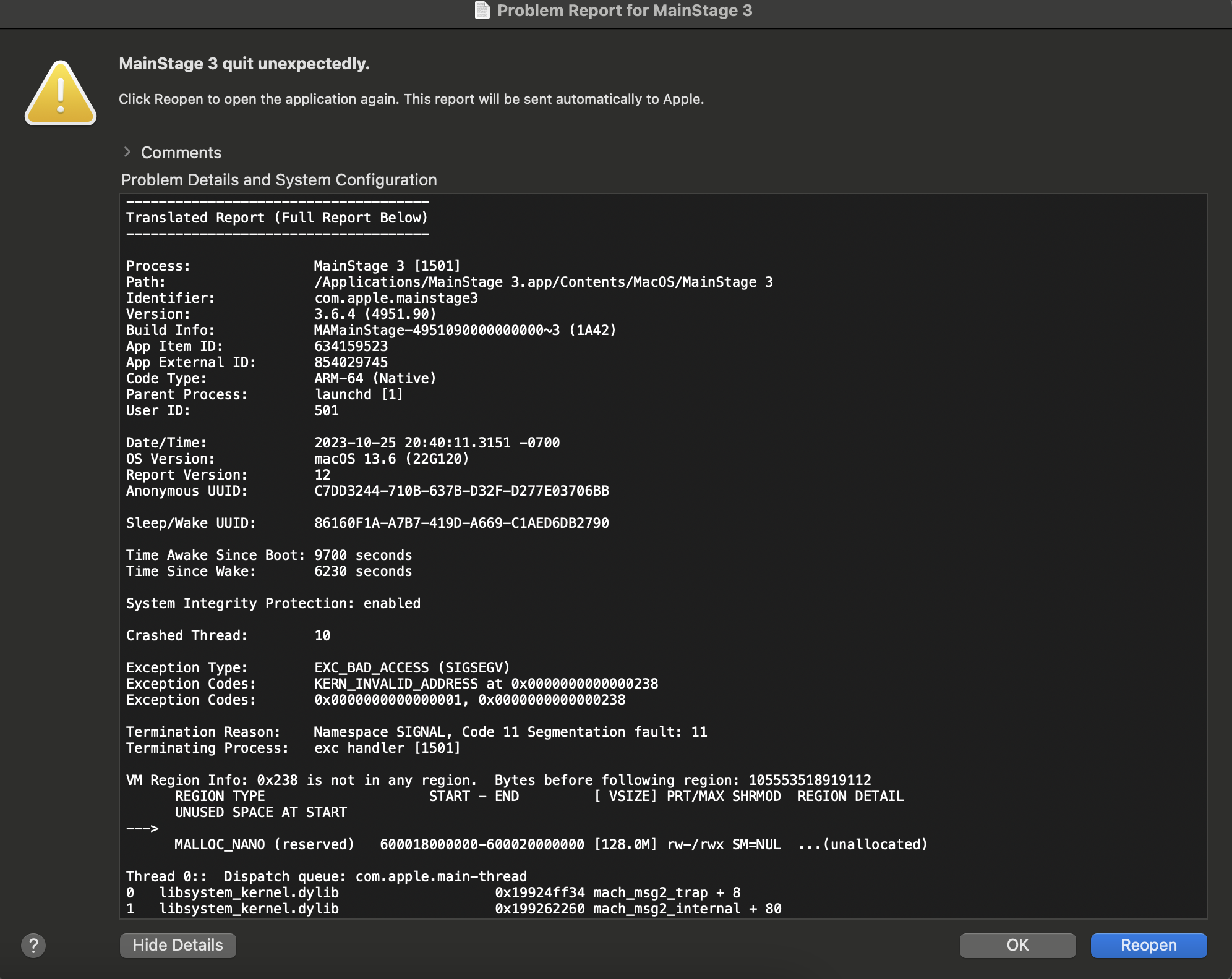 Mainstage 3 Unexpectedly quits HELP - Apple Community