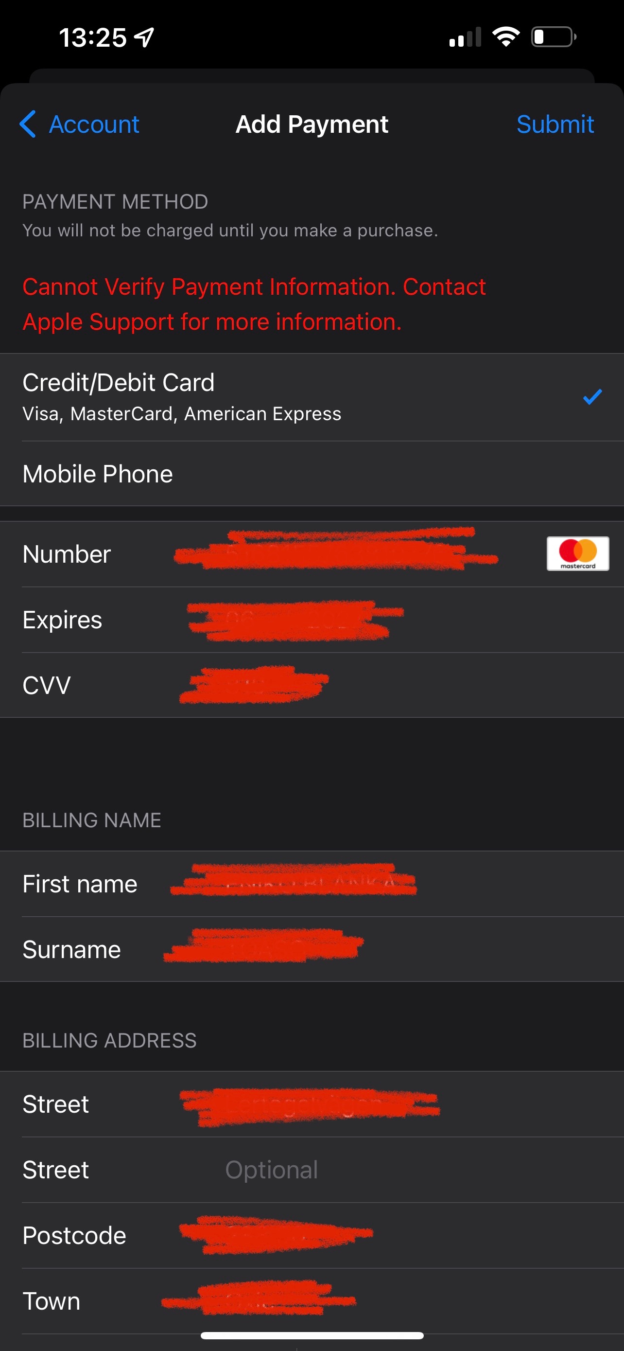 Cannot verify payment method - Apple Community