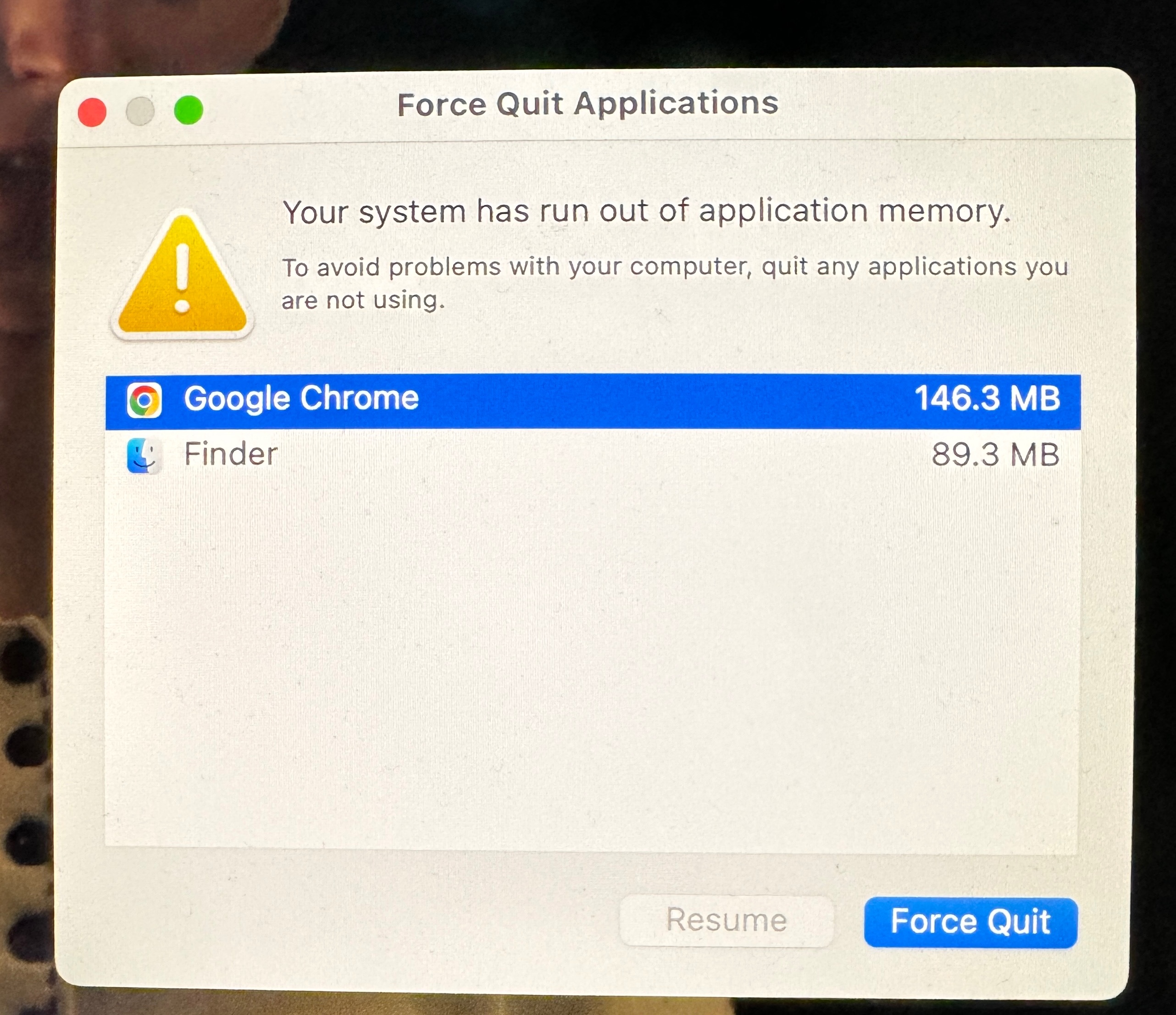 System has run out of application memory - Apple Community