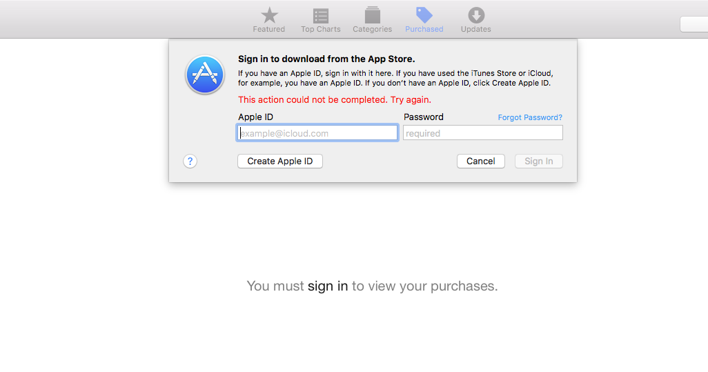The action could not be completed. Try ag… - Apple Community
