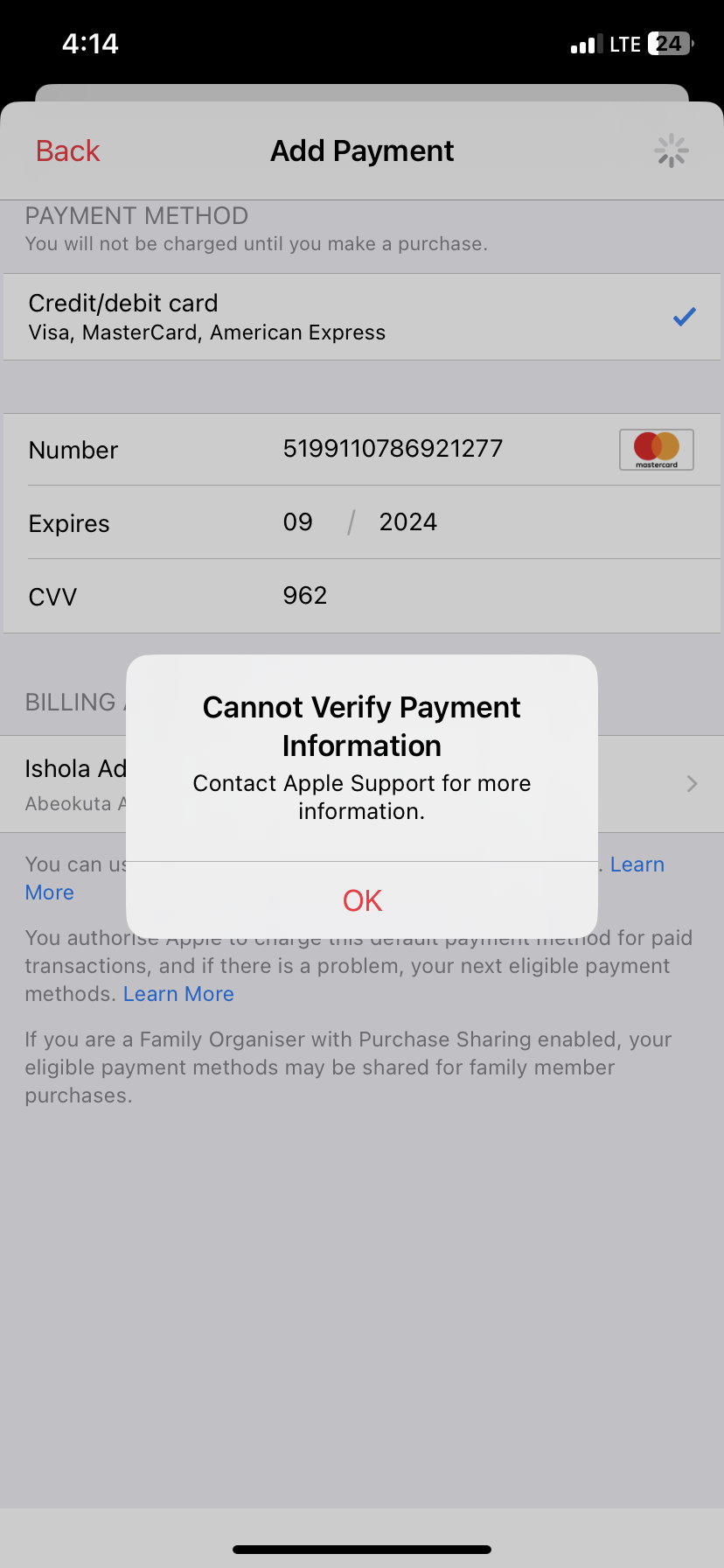 Cannot Verify Payment Information Contact… - Apple Community