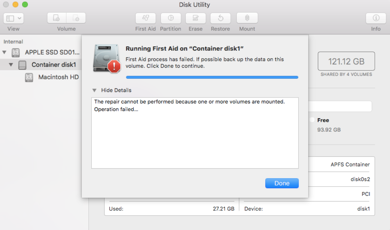 Disk Utility scan failed on "Container di… - Apple Community