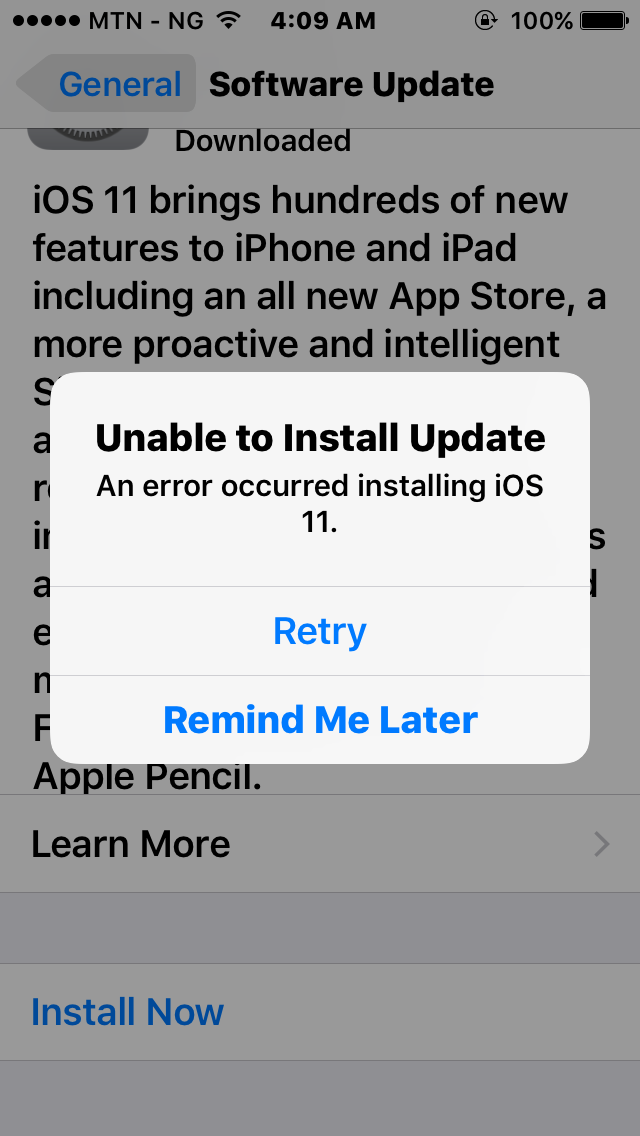 Unable to install iOS 11 after downloaded - Apple Community