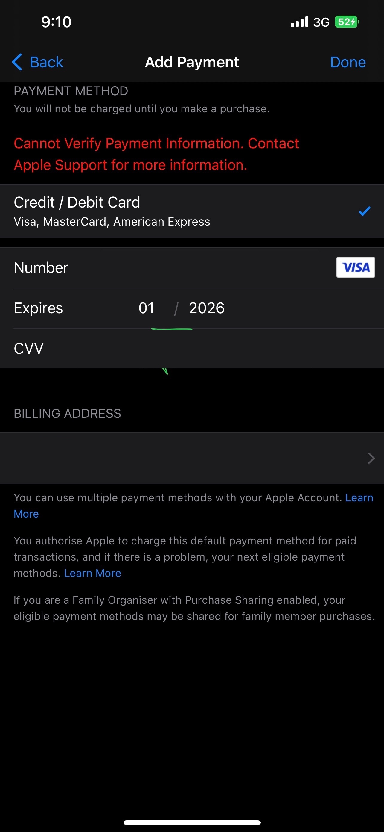 Cannot verify payment information - Apple Community