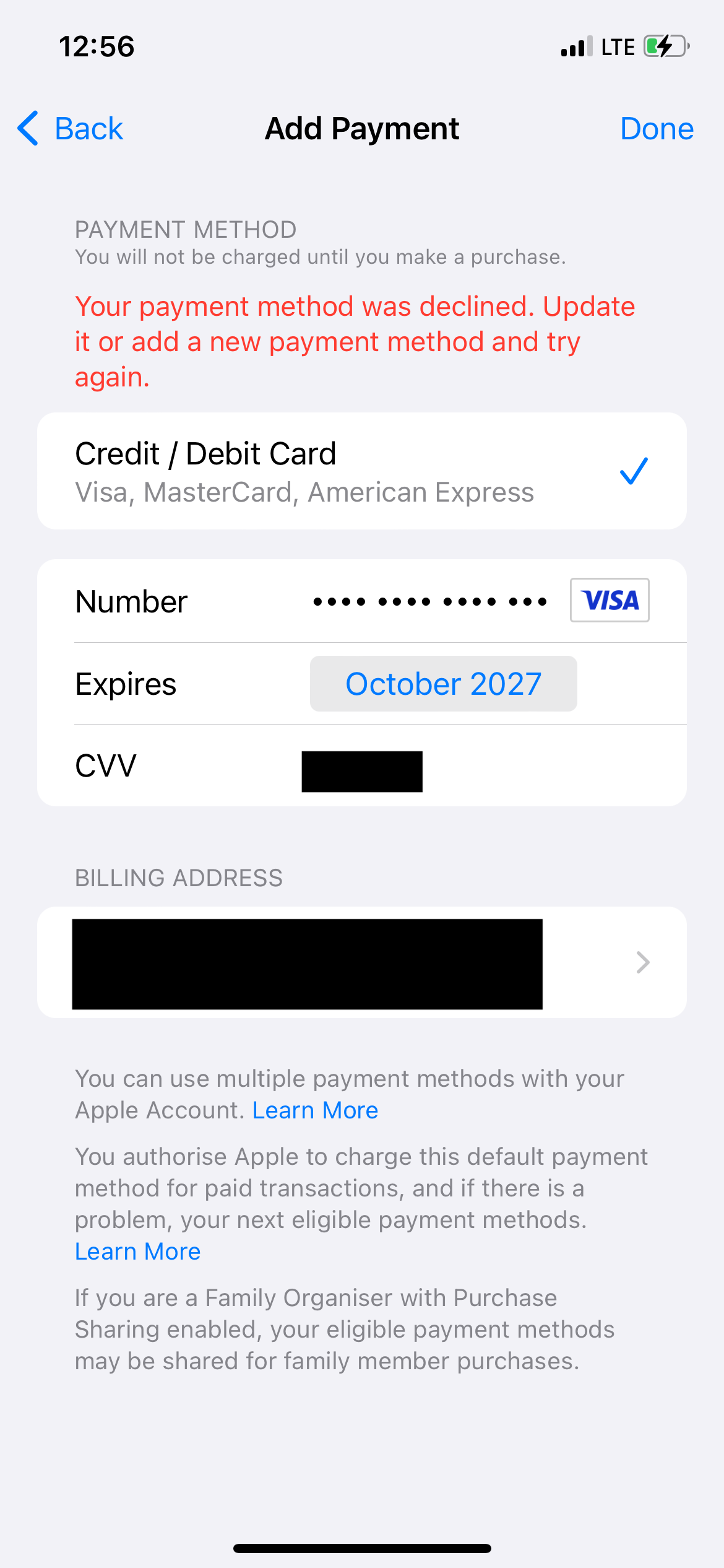 Unable to add payment method in Apple Acc… - Apple Community
