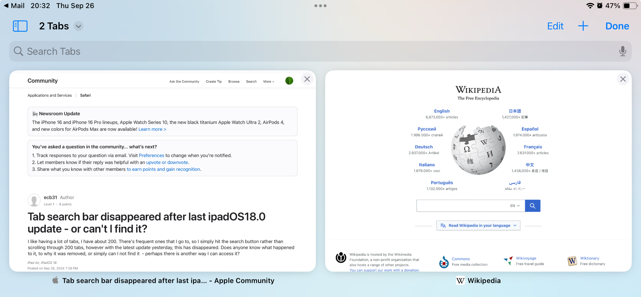 Tab search bar disappeared after last ipa… - Apple Community