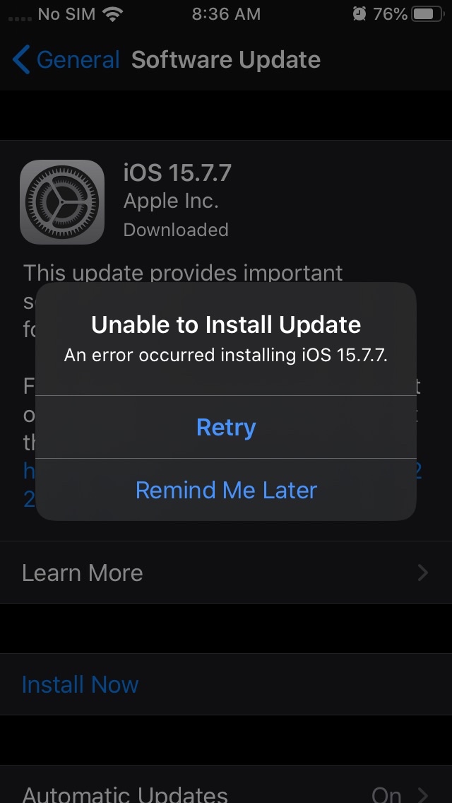 An error occurred installing IOS 15.7.7 - Apple Community