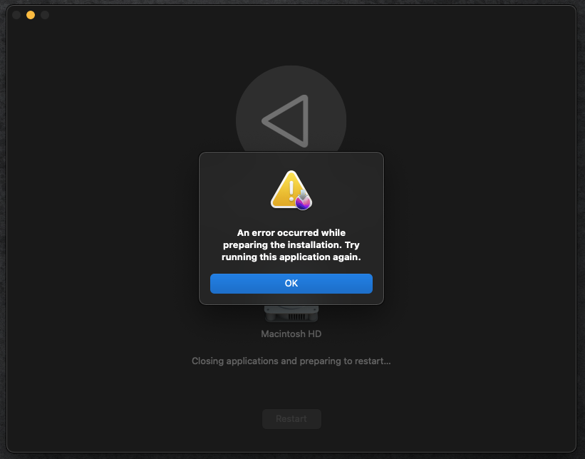 An Error occurred while preparing the ins… - Apple Community