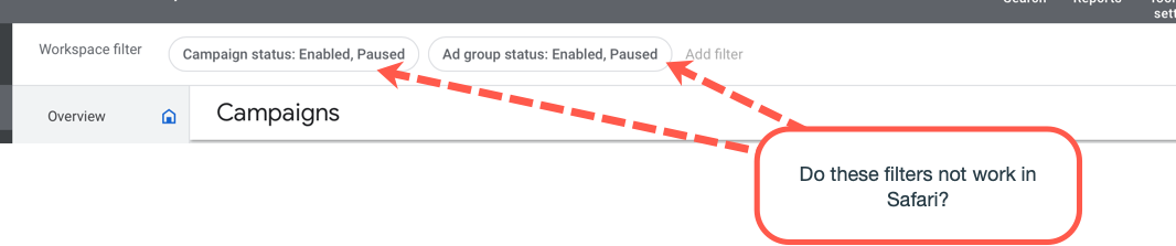 Google ads - Workspace filter/dropdown no… - Apple Community