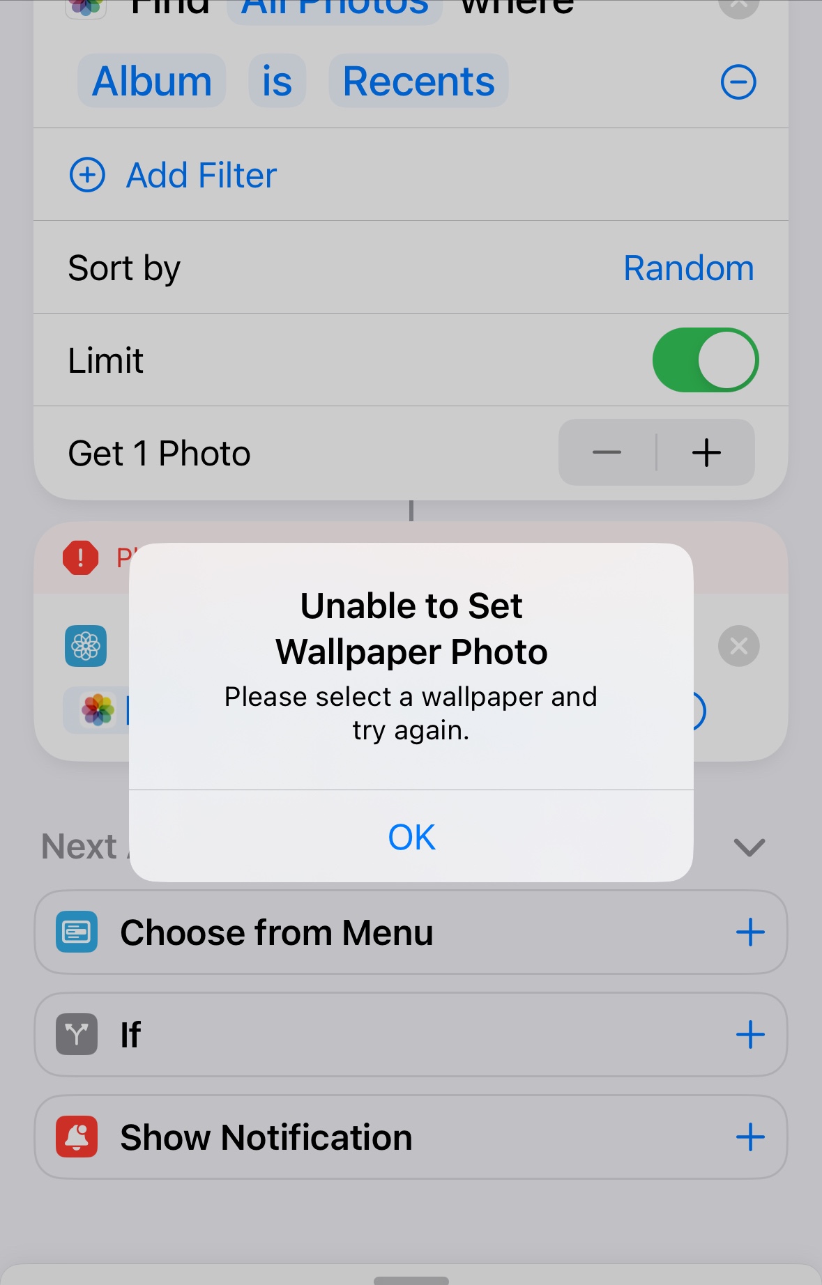 Apple shortcut error - Unable to set wall… - Apple Community