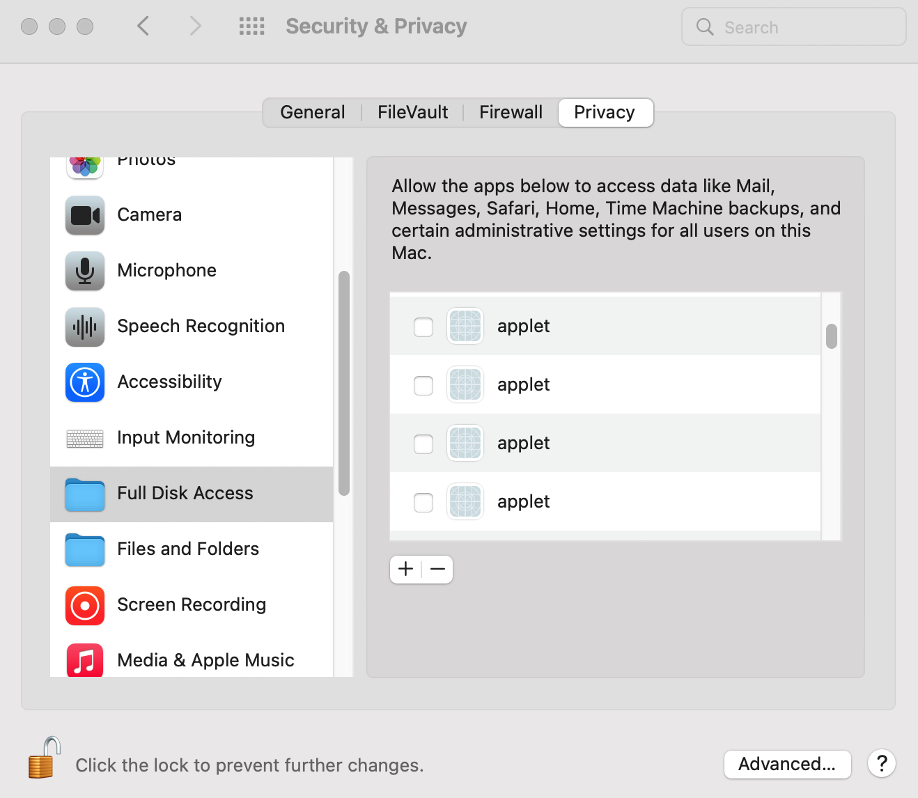applets in security and privacy panel - Apple Community