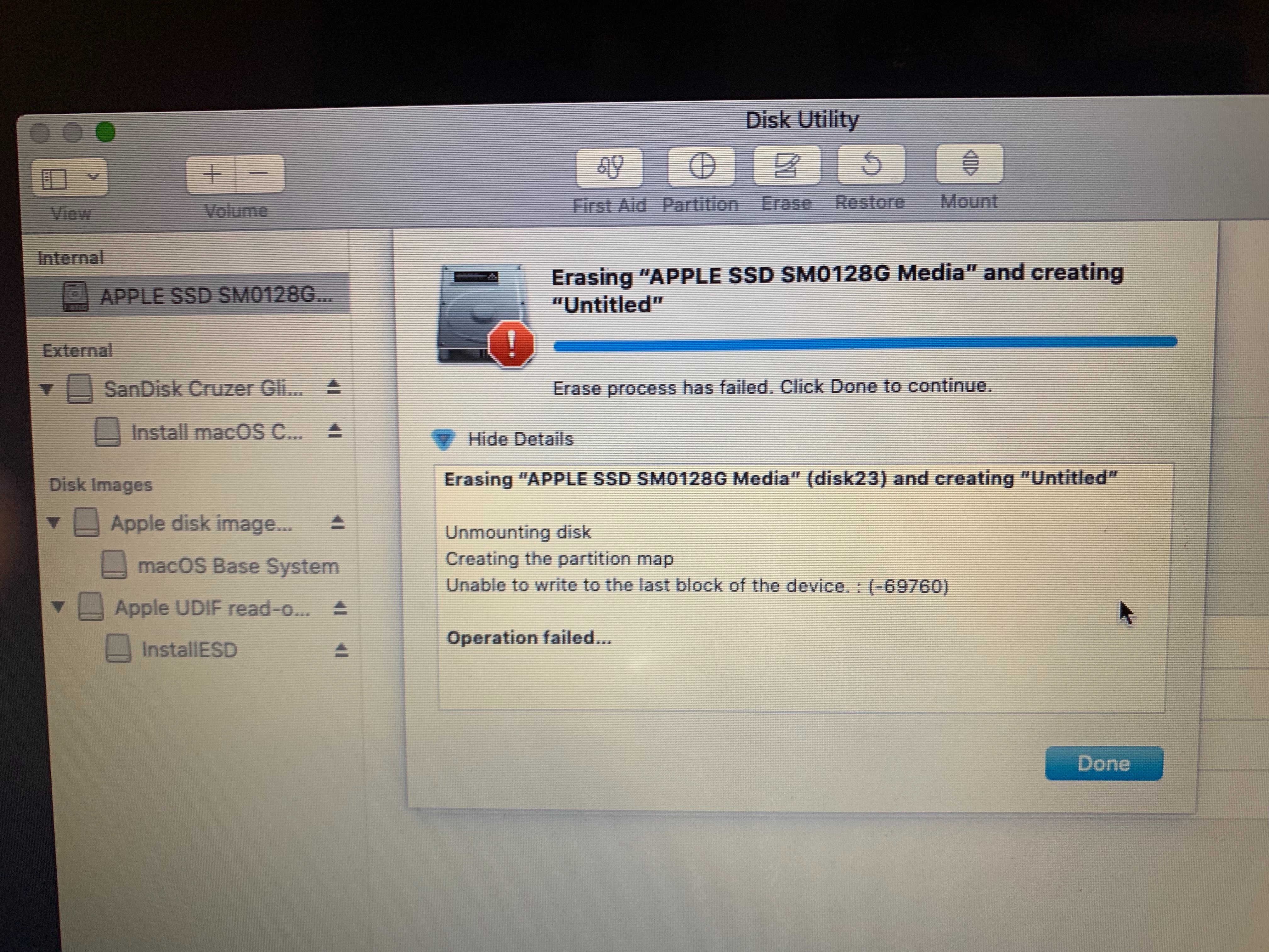 Unable to write to last block of the devi… - Apple Community