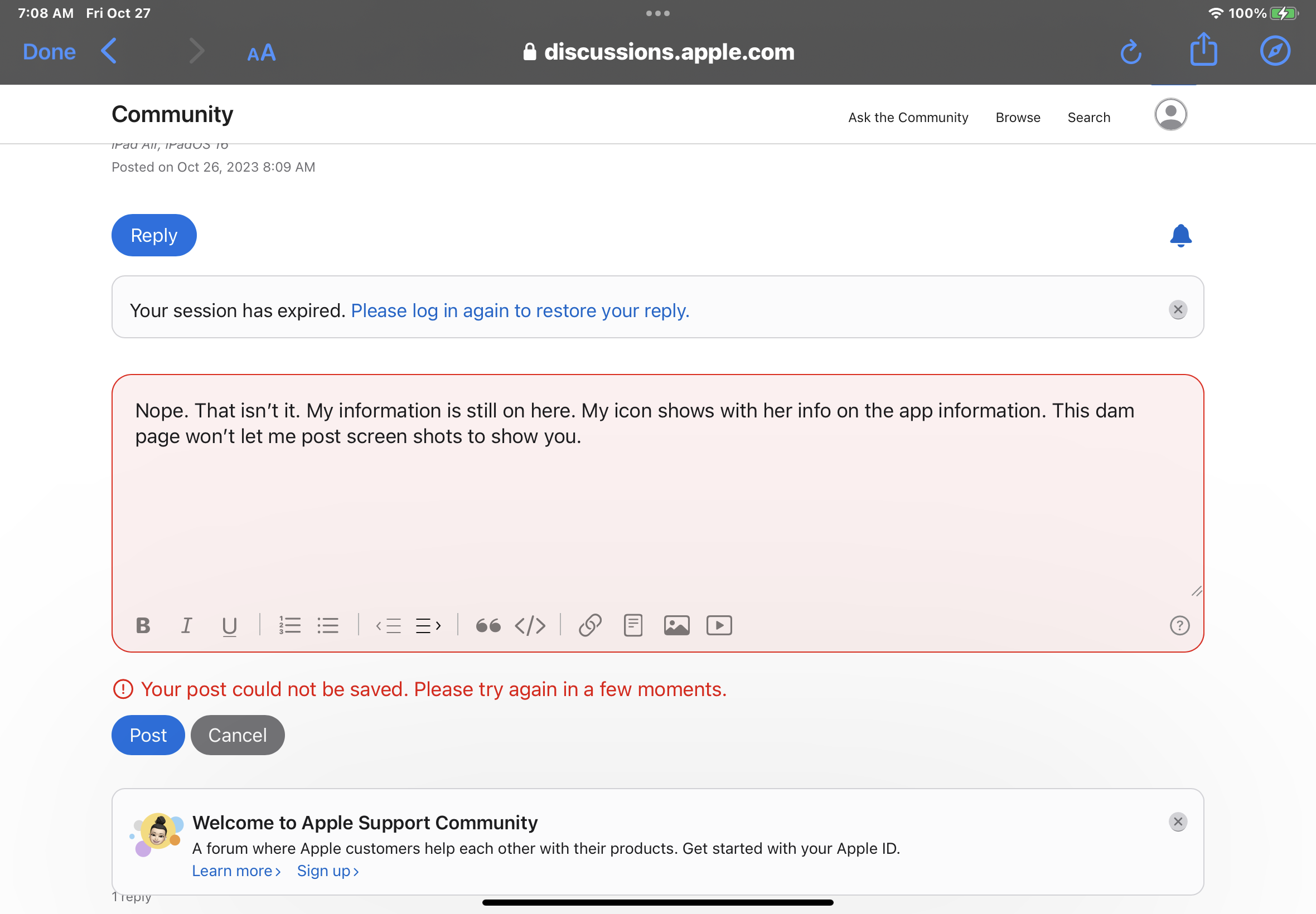 Won’t let me respond to my original post - Apple Community