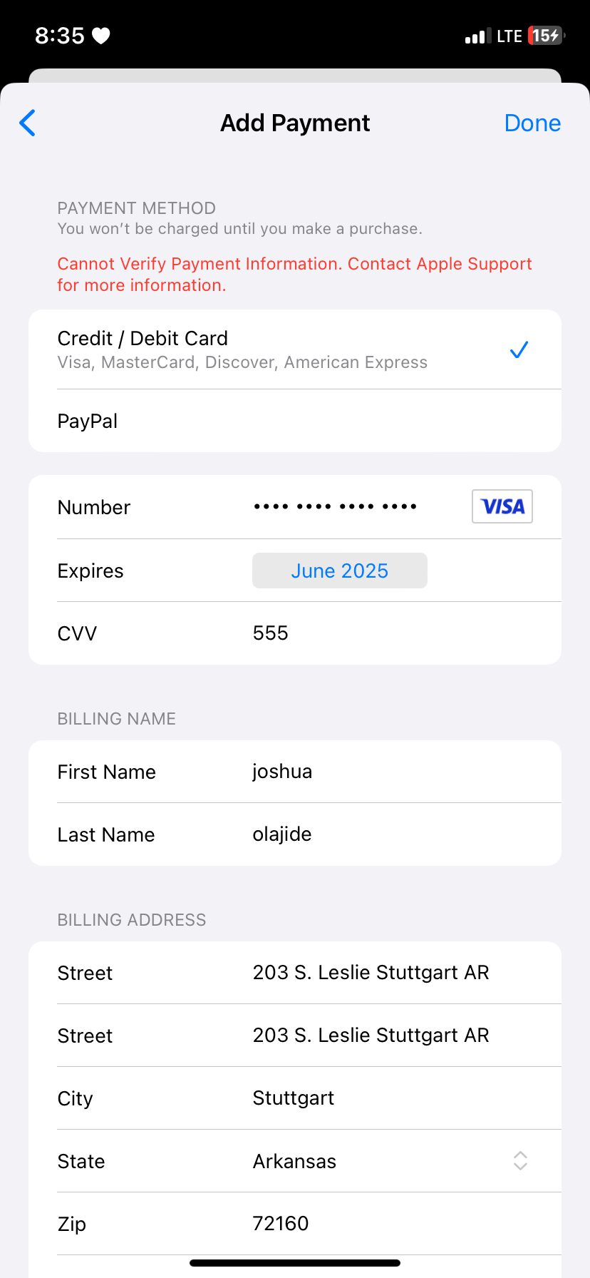 Cannot Verify Payment Information - Apple Community