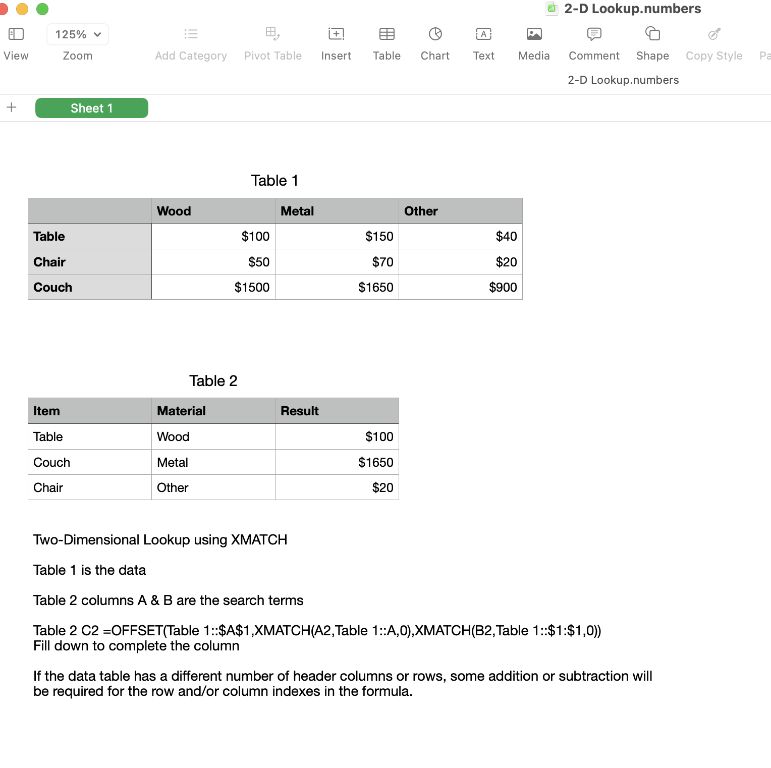 lookup prices form a 2 way matrix - Apple Community