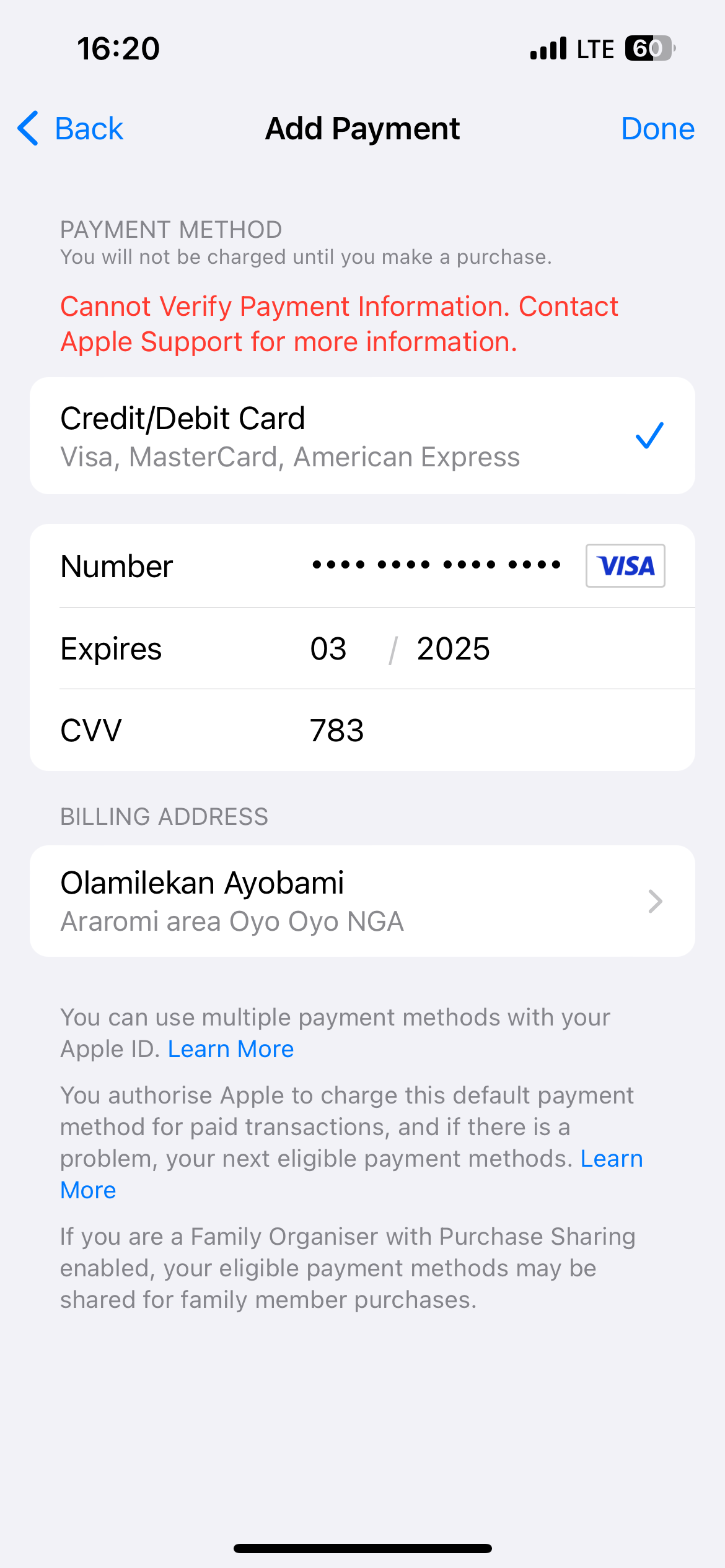 Unable to verify Payment method - Apple Community