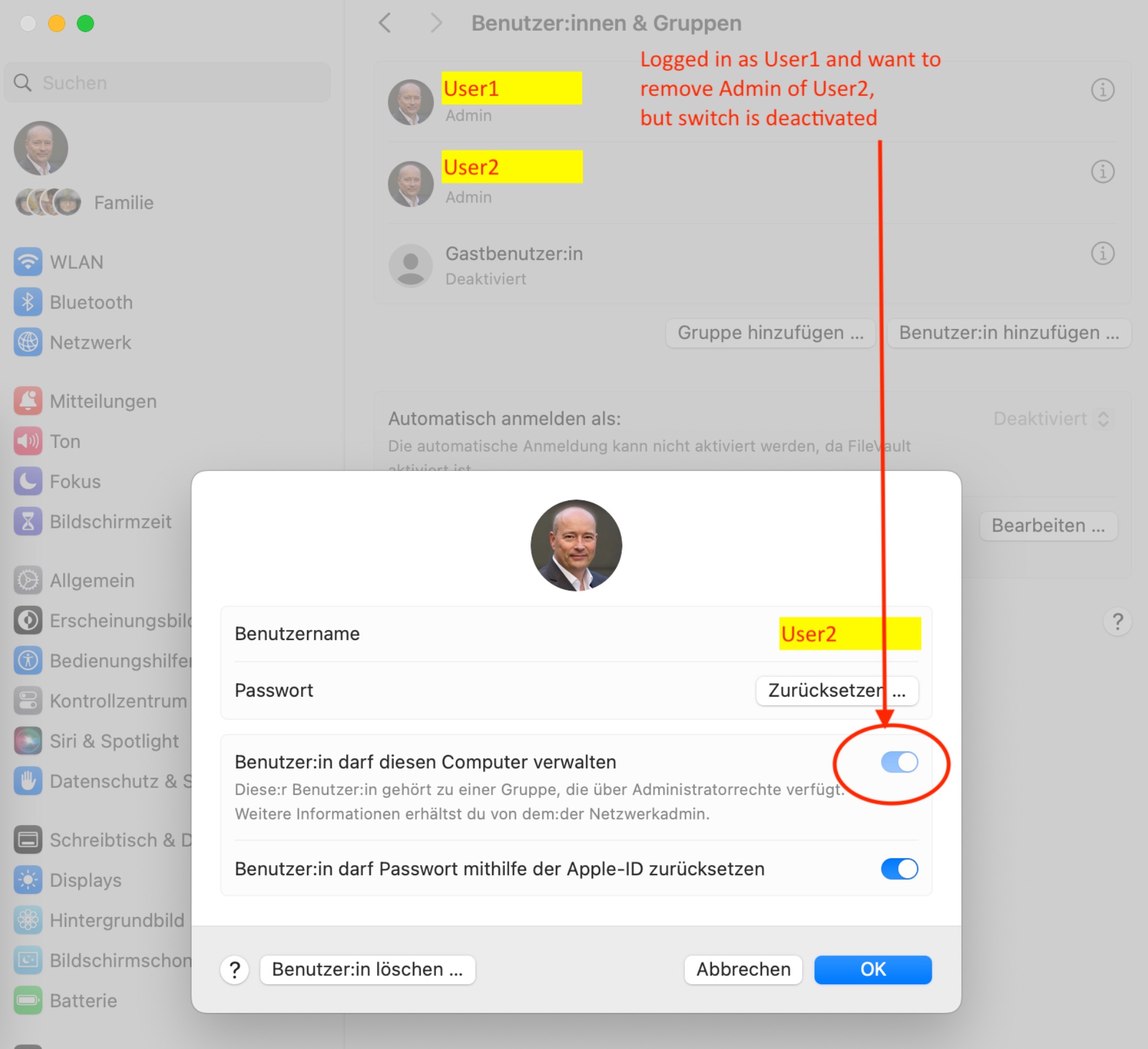 I can't remove admin rights from an accou… - Apple Community